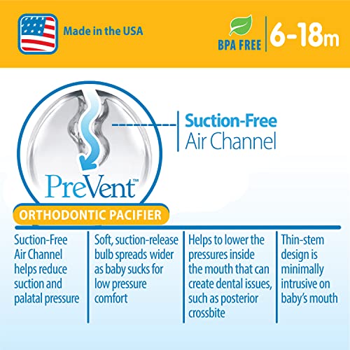 Dr. Brown's PreVent Orthodontic Baby Pacifier, Suction Free Air Channel, Contoured Butterfly Shield is Gentle on Face, Made in USA, Stage 2, 6-18m, 4-Pack, Glow in the Dark - Blue