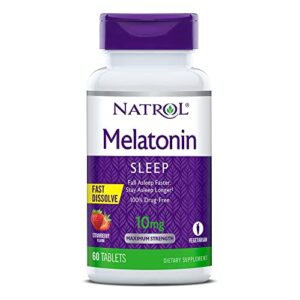 natrol melatonin fast dissolve tablets, helps you fall asleep faster, stay asleep longer, easy to take, dissolve in mouth, strengthen immune system, maximum strength, strawberry flavor, 10mg, 60 count