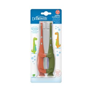 Dr. Brown's Baby and Toddler Toothbrush, Green and Orange Dinosaur 2-Pack, 1-4 Years