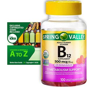 vitamin b12 organic vegetarian gummies, metabolism support with methylcobalamin by spring valley, 500 mcg, 100 ct bundle with exclusive vitamins & minerals – a to z – better idea guide (2 items)