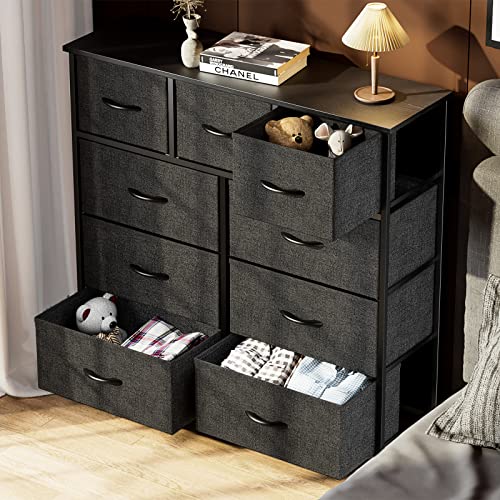 Sweetcrispy Dresser, Dresser for Bedroom, Tall Dresser with 9 Drawer Organizer Storage Drawers Fabric Storage Tower Double Dresser, Chest of Drawers with Fabric, Wood Top for Bedroom, Entryway