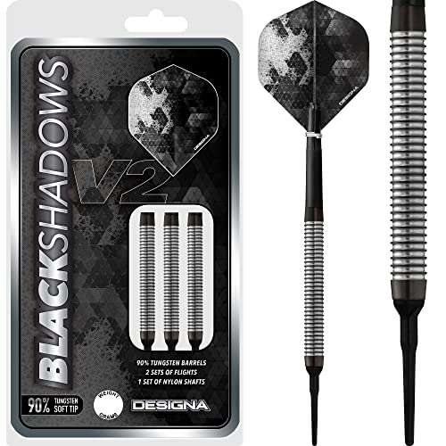 DESIGNA DARTS Black Shadows V2 | 90% Tungsten Barrel Soft Tip Dart Set with Shafts and Flights, M1, 19g (D9792)