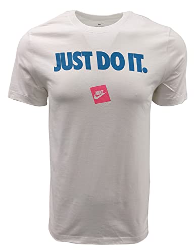 Nike Mens Just Do It Box Crewneck T-Shirt (Large, White/Blue Text (Nike Box))