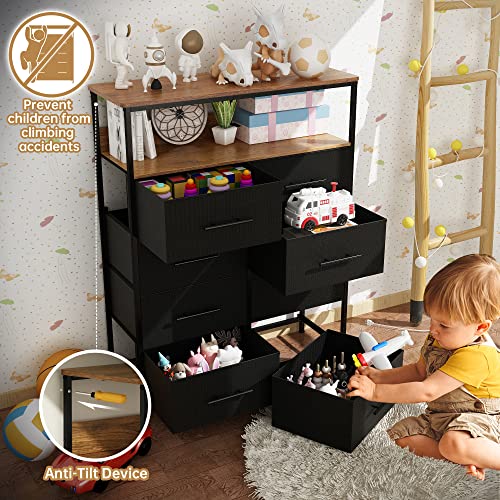 WARM&LOVE 8 Drawer Dresser with Shelves, Chest of Drawers for Bedroom with Wood Top, Black Dresser Storage Organizer Unit with Fabric Bins for Closet/Living Room/Hallway/Nursery