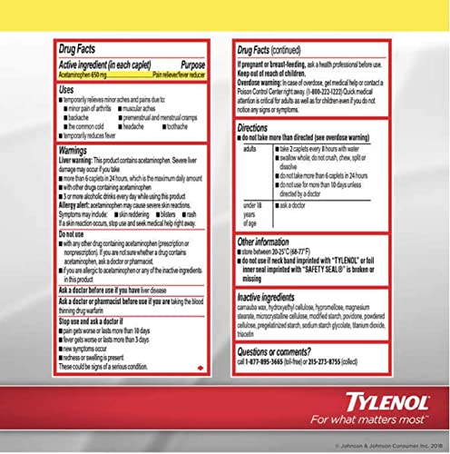 Tylenol Arthritis Pain - Acetaminophen Extended Release Pain Reliver - 290 Caplets 650 mg Each