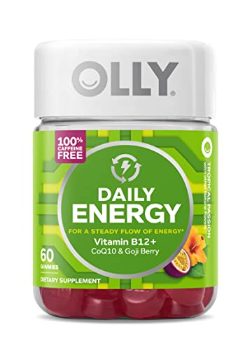 OLLY Daily Energy Gummy, Caffeine Free, Vitamin B12, CoQ10, Goji Berry, Adult Chewable Supplement, Tropical Flavor - 60 Count