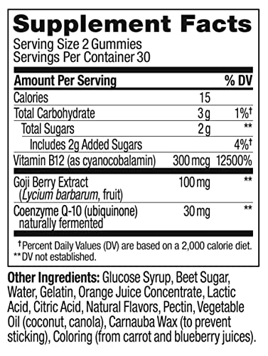 OLLY Daily Energy Gummy, Caffeine Free, Vitamin B12, CoQ10, Goji Berry, Adult Chewable Supplement, Tropical Flavor - 60 Count