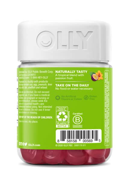 OLLY Daily Energy Gummy, Caffeine Free, Vitamin B12, CoQ10, Goji Berry, Adult Chewable Supplement, Tropical Flavor - 60 Count