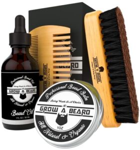 beard brush, beard comb, beard oil, & beard balm grooming kit for men’s care, travel bamboo facial hair set for growth, styling, shine & softness, great gifts for him (bamboo)