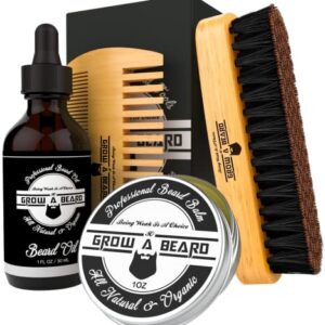 Beard Brush, Beard Comb, Beard Oil, & Beard Balm Grooming Kit for Men's Care, Travel Bamboo Facial Hair Set for Growth, Styling, Shine & Softness, Great Gifts for Him (Bamboo)