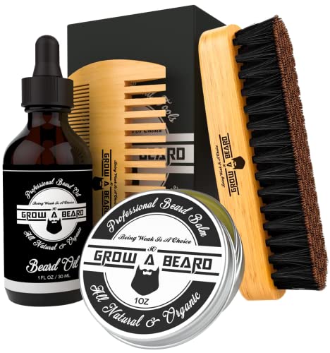 Beard Brush, Beard Comb, Beard Oil, & Beard Balm Grooming Kit for Men's Care, Travel Bamboo Facial Hair Set for Growth, Styling, Shine & Softness, Great Gifts for Him (Bamboo)