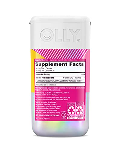 OLLY Happy Hoo-Ha Capsules, Probiotic for Women, Vaginal Health and pH Balance, 10 Billion CFU, Gluten Free - 25 Count