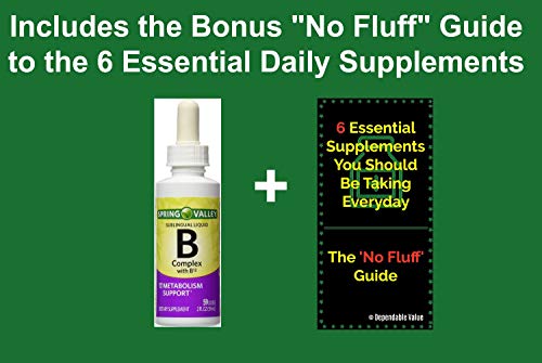 Vitamin B Complex Sublingual Liquid Drops for Adults with Vitamin B6, Vitamin B12, Niacin, Riboflavin, Pantothenic Acid - Energy Bundle w/ 'No Fluff' Guide©