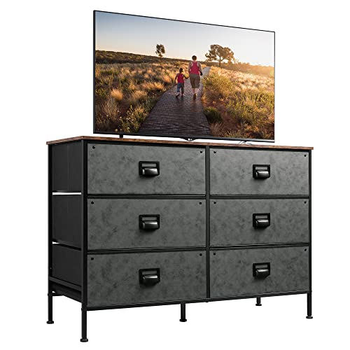 WLIVE Wide Dresser with 6 Drawers, Industrial TV Stand for 50" TV, Entertainment Center with Metal Frame, Wooden Top, Fabric Storage Dresser for Bedroom, Hallway, Entryway, Black