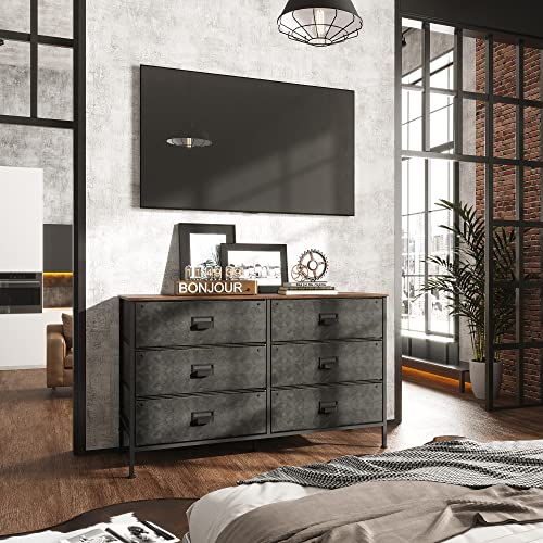 WLIVE Wide Dresser with 6 Drawers, Industrial TV Stand for 50" TV, Entertainment Center with Metal Frame, Wooden Top, Fabric Storage Dresser for Bedroom, Hallway, Entryway, Black