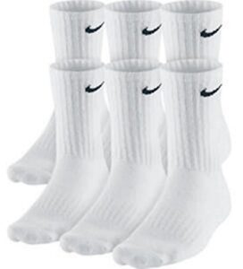 nike dri-fit classic cushioned crew socks 6 pair white with black swoosh logo) large 8-12