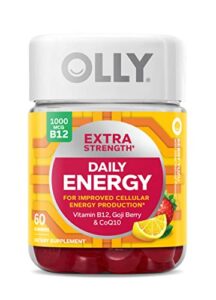 olly extra strength daily energy gummy, caffeine free, 1000mcg vitamin b12, coq10, goji berry, adult chewable supplement, berry yuzu flavor – 60 count