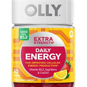 OLLY Extra Strength Daily Energy Gummy, Caffeine Free, 1000mcg Vitamin B12, CoQ10, Goji Berry, Adult Chewable Supplement, Berry Yuzu Flavor - 60 Count