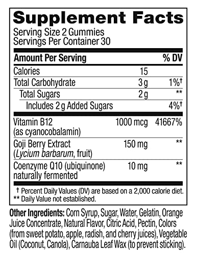 OLLY Extra Strength Daily Energy Gummy, Caffeine Free, 1000mcg Vitamin B12, CoQ10, Goji Berry, Adult Chewable Supplement, Berry Yuzu Flavor - 60 Count