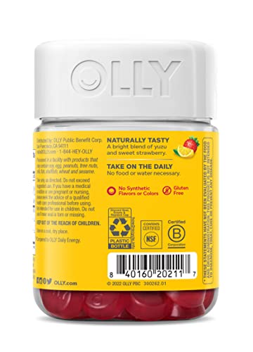 OLLY Extra Strength Daily Energy Gummy, Caffeine Free, 1000mcg Vitamin B12, CoQ10, Goji Berry, Adult Chewable Supplement, Berry Yuzu Flavor - 60 Count