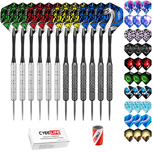 CyeeLife Steel tip Darts 20g,Nylon Shafts+42 Flights(14 Designs)+Sharpener,for 4 Beginners