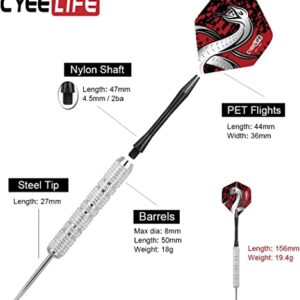 CyeeLife Steel tip Darts 20g,Nylon Shafts+42 Flights(14 Designs)+Sharpener,for 4 Beginners