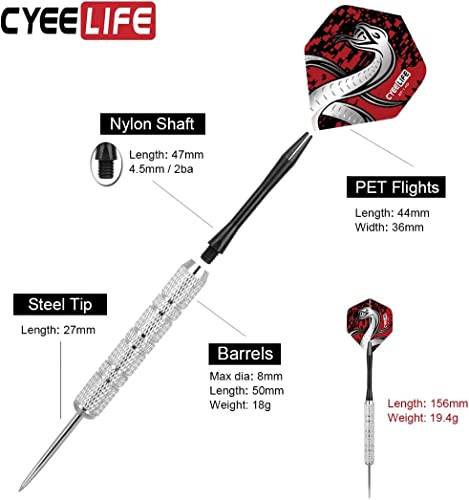 CyeeLife Steel tip Darts 20g,Nylon Shafts+42 Flights(14 Designs)+Sharpener,for 4 Beginners