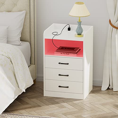 SUPERJARE Nightstand with LED Strip Light and Charging Station - 3 Drawers Bedroom End Table, 2 USB Ports, 2 Outlets, Bed Side Table with Remote, Open Storage, Metal Handles - White