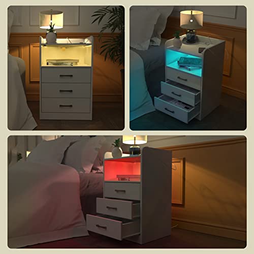 SUPERJARE Nightstand with LED Strip Light and Charging Station - 3 Drawers Bedroom End Table, 2 USB Ports, 2 Outlets, Bed Side Table with Remote, Open Storage, Metal Handles - White