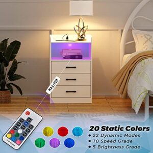 SUPERJARE Nightstand with LED Strip Light and Charging Station - 3 Drawers Bedroom End Table, 2 USB Ports, 2 Outlets, Bed Side Table with Remote, Open Storage, Metal Handles - White