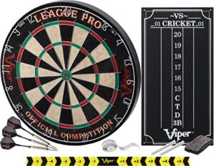 viper league pro regulation bristle steel tip dartboard starter set with staple-free bullseye, radial spider wire, high-grade sisal with rotating number ring, chalk cricket scoreboard, steel tip darts