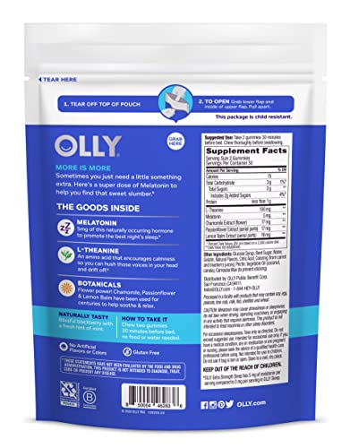 OLLY Extra Strength Sleep Gummy, Occasional Sleep Support, 5 mg Melatonin, L-Theanine, Chamomile, Lemon Balm, Sleep Aid, Blackberry - 60 Count