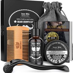 Beard Growth Kit, Derma Roller Kit, Natural Beard Growth Oil for Patchy Beard, Beard & Mustache Facial Hair Growth, Conditioner Balm, Handmade Comb, Storage Bag, Gifts for Men Him Dad Father Boyfriend