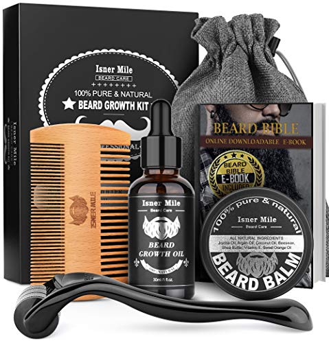 Beard Growth Kit, Derma Roller Kit, Natural Beard Growth Oil for Patchy Beard, Beard & Mustache Facial Hair Growth, Conditioner Balm, Handmade Comb, Storage Bag, Gifts for Men Him Dad Father Boyfriend