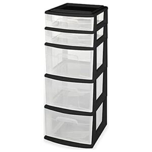 homz plastic 5 clear drawer medium home organization storage container tower with 3 large drawers and 2 small drawers, black frame