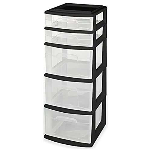 Homz Plastic 5 Clear Drawer Medium Home Organization Storage Container Tower with 3 Large Drawers and 2 Small Drawers, Black Frame