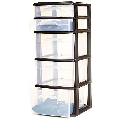 Homz Plastic 5 Clear Drawer Medium Home Organization Storage Container Tower with 3 Large Drawers and 2 Small Drawers, Black Frame