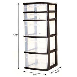 Homz Plastic 5 Clear Drawer Medium Home Organization Storage Container Tower with 3 Large Drawers and 2 Small Drawers, Black Frame