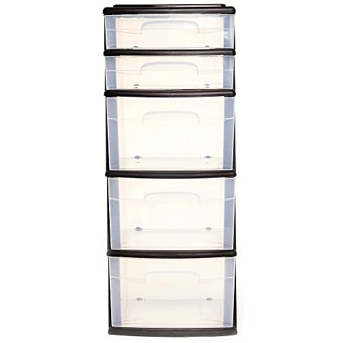 Homz Plastic 5 Clear Drawer Medium Home Organization Storage Container Tower with 3 Large Drawers and 2 Small Drawers, Black Frame