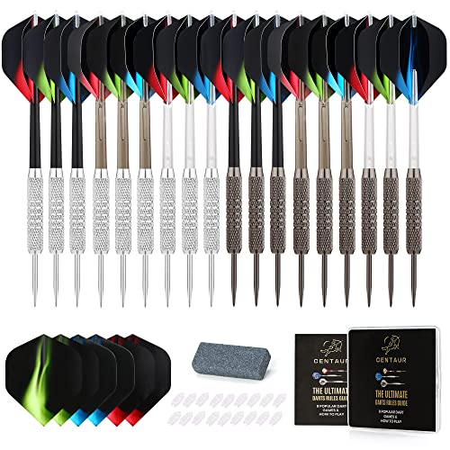 centaur 18 Pack Steel Tip Darts, Professional 18 Grams Darts Metal Tip Set with 3 Colors Premium Aluminum Shafts and PET Flights and Dart Case, Flight Protector Dart Board Kit Accessories