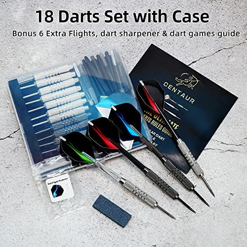 centaur 18 Pack Steel Tip Darts, Professional 18 Grams Darts Metal Tip Set with 3 Colors Premium Aluminum Shafts and PET Flights and Dart Case, Flight Protector Dart Board Kit Accessories