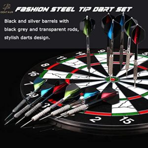 centaur 18 Pack Steel Tip Darts, Professional 18 Grams Darts Metal Tip Set with 3 Colors Premium Aluminum Shafts and PET Flights and Dart Case, Flight Protector Dart Board Kit Accessories