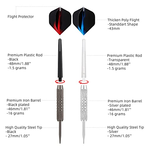 centaur 18 Pack Steel Tip Darts, Professional 18 Grams Darts Metal Tip Set with 3 Colors Premium Aluminum Shafts and PET Flights and Dart Case, Flight Protector Dart Board Kit Accessories