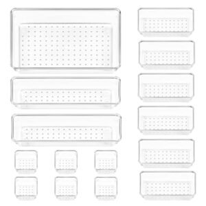 vtopmart 15 pcs clear plastic drawer organizers set, 4-size versatile bathroom and vanity drawer organizer trays, storage bins for makeup, bedroom, kitchen gadgets utensils and office