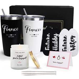 engagement gifts for couples, cool wine engaged tumbler gift set newly presents for women his and her him fiance fiancee friend, girlfriend boyfriend ideas with straws, socks, candle & greeting card