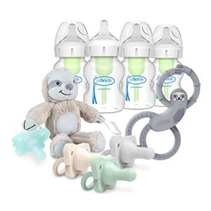 dr. brown’s wide-neck baby bottles 5 oz/150 ml, 4 pack, with happypaci pacifiers, lovey pacifier holder, and flexess teether, sloth