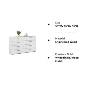 Levan Home Contemporary 8 Drawer Double Bedroom Dresser in White with Modern Silver Color Bar Handles