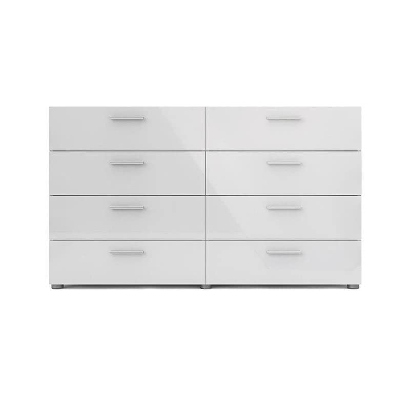 Levan Home Contemporary 8 Drawer Double Bedroom Dresser in White with Modern Silver Color Bar Handles