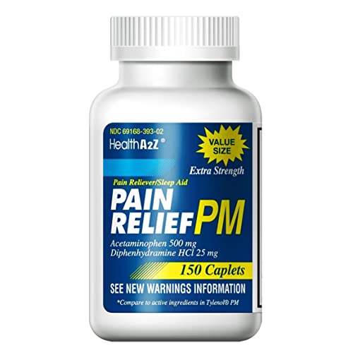 HealthA2Z® Extra Strength Pain Relief PM | 150 Caplets | Acetaminophen 500mg | Diphenhydramine 25mg | Pain Reliever & Nighttime Sleep Aid | Non-Habit Forming | Compare to Tylenol PM Active Ingredient