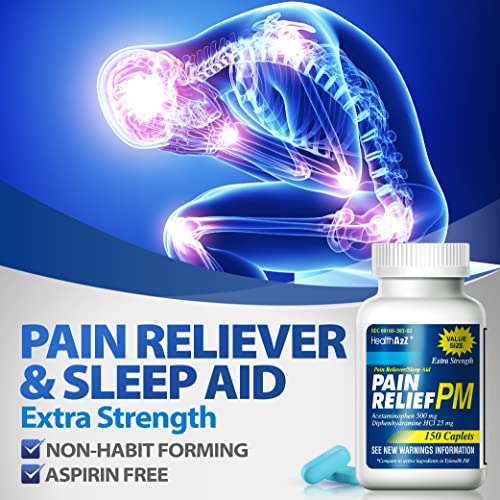 HealthA2Z® Extra Strength Pain Relief PM | 150 Caplets | Acetaminophen 500mg | Diphenhydramine 25mg | Pain Reliever & Nighttime Sleep Aid | Non-Habit Forming | Compare to Tylenol PM Active Ingredient